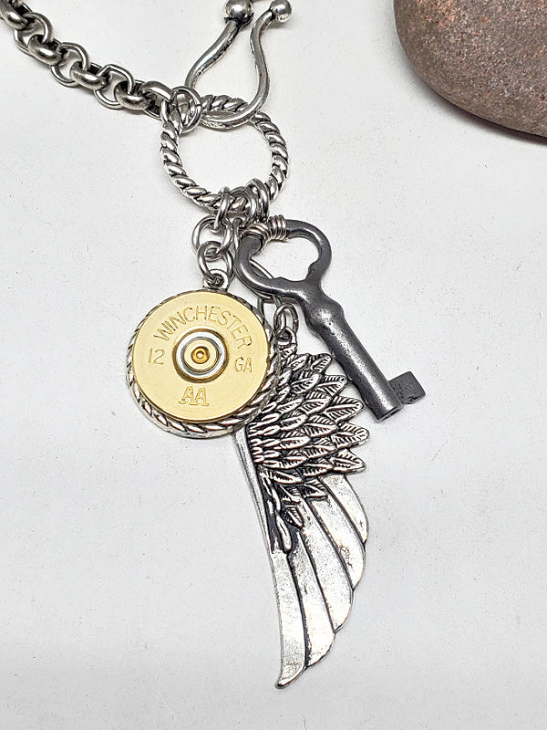 Shotshell, Skeleton Key & Wing Silver Charm Necklace - Bullet Jewelry ...